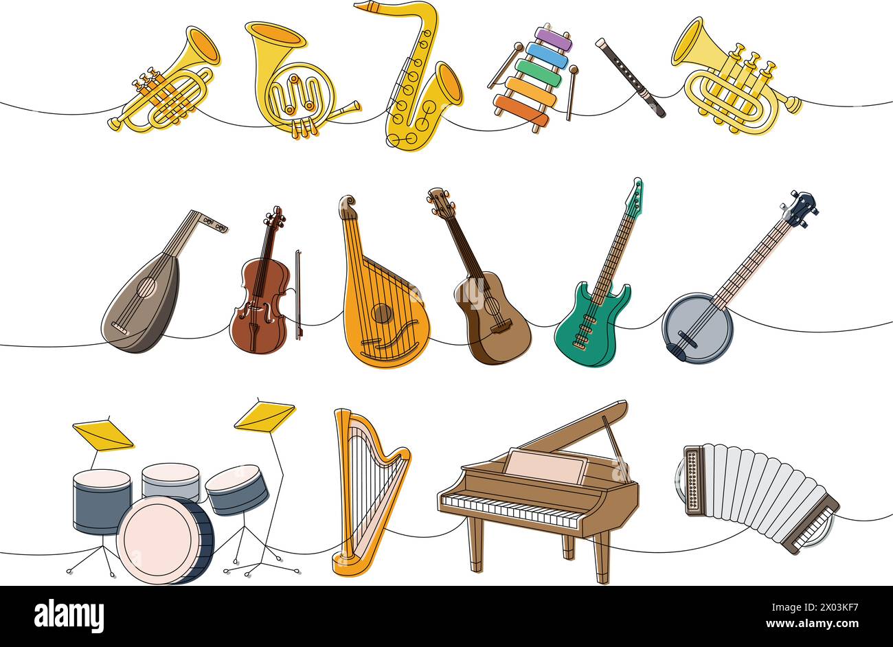 Musical instruments set. Tuba, trumpet, french horn, saxophone ...