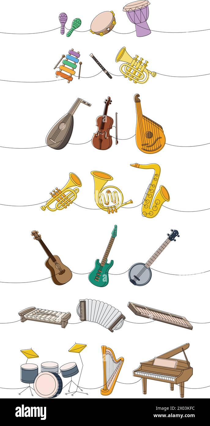 Musical instruments. Djembe drum, bongo, maracas, xylophone, flute ...