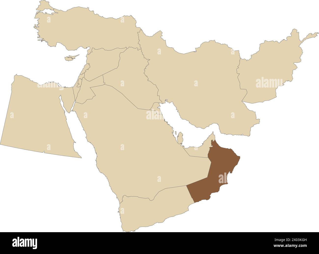 Dark brown map of OMAN inside light brown map of the Middle East Stock ...