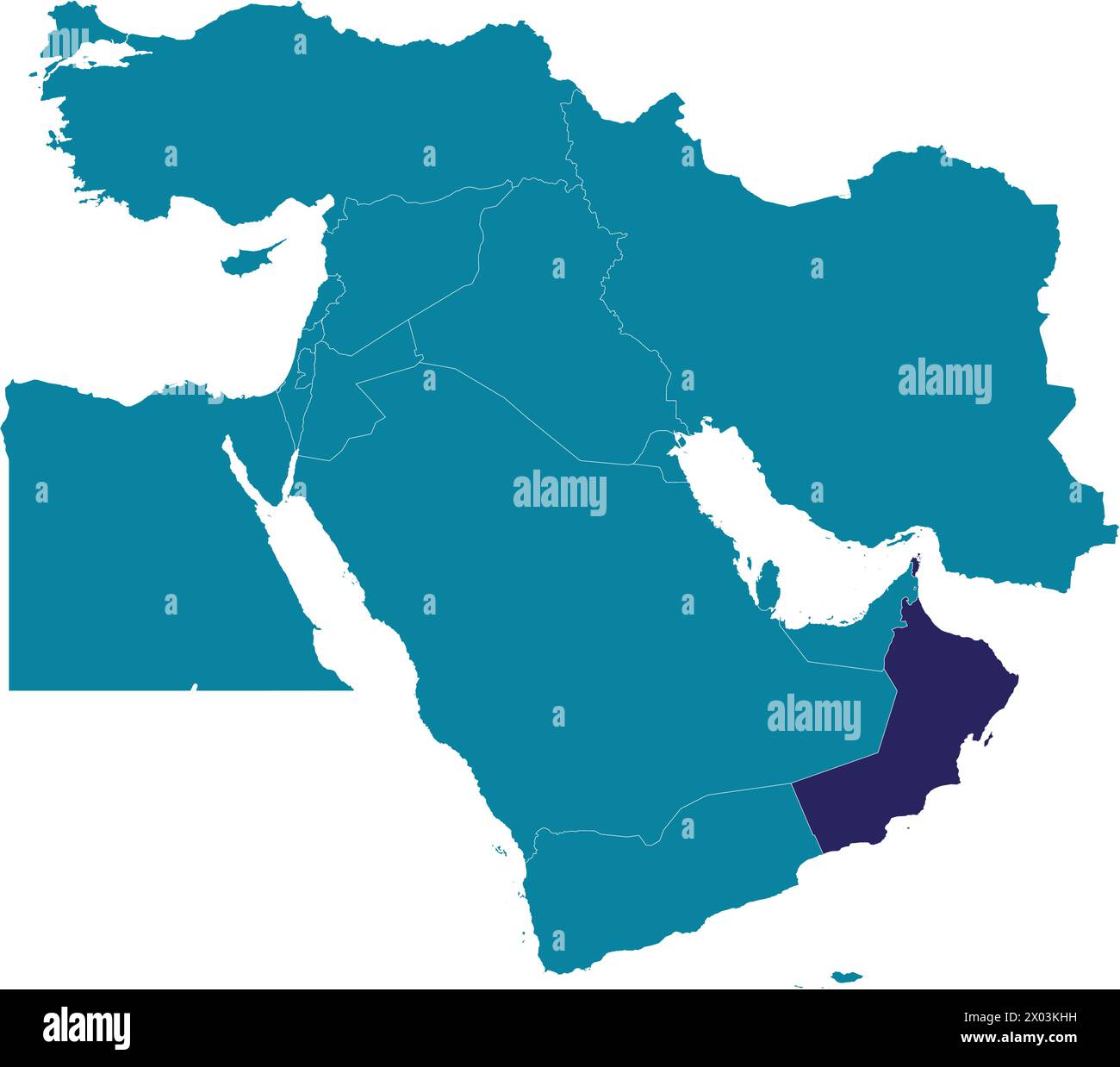 Purple map of OMAN inside marine blue map of the Middle East Stock ...
