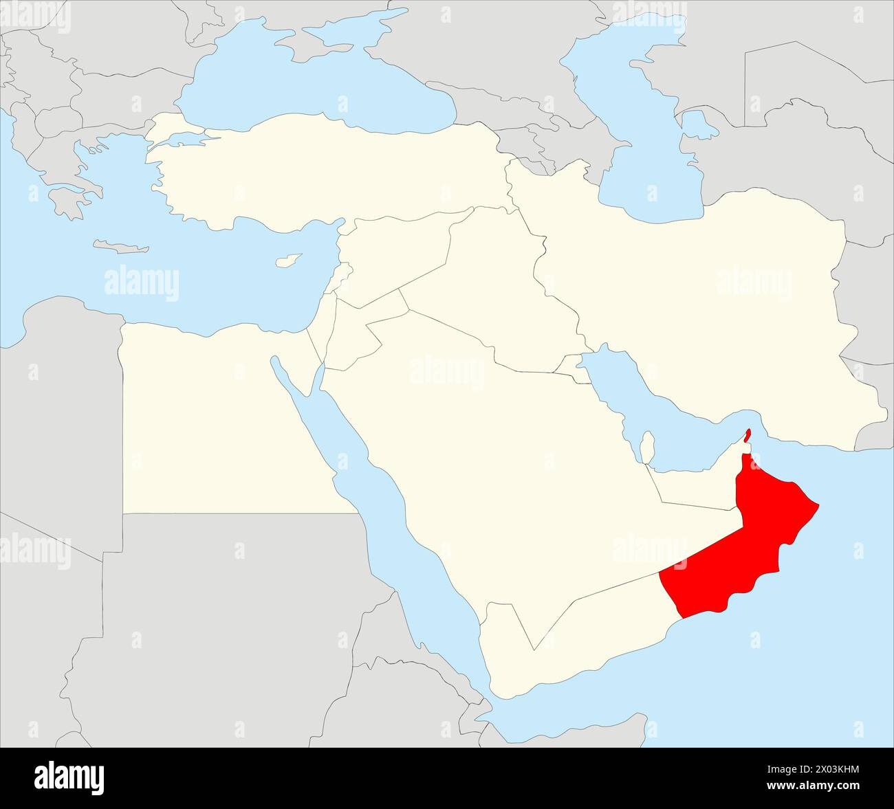 Red map of OMAN inside highlighted beige map of the Middle East Stock ...