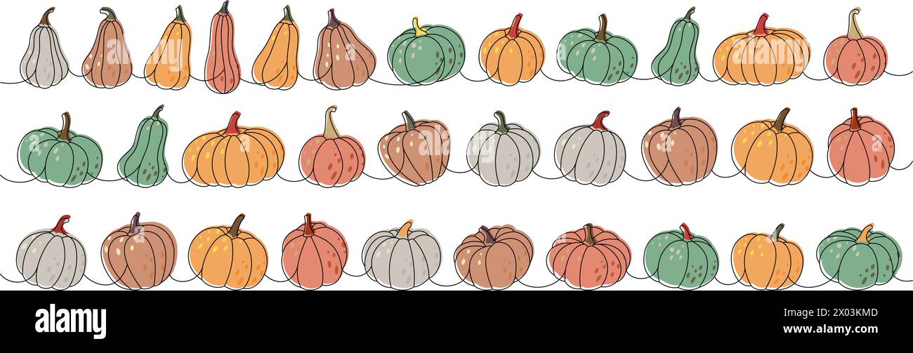 Pumpkins. Autumn pumpkins one line colored continuous drawing. Autumn ...