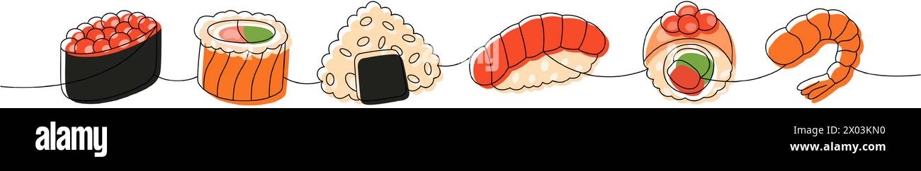 Sushi set. Japanese cuisine, traditional food one line drawing. Ikura ...