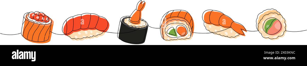 Sushi and rolls set. Japanese cuisine, traditional food one line ...