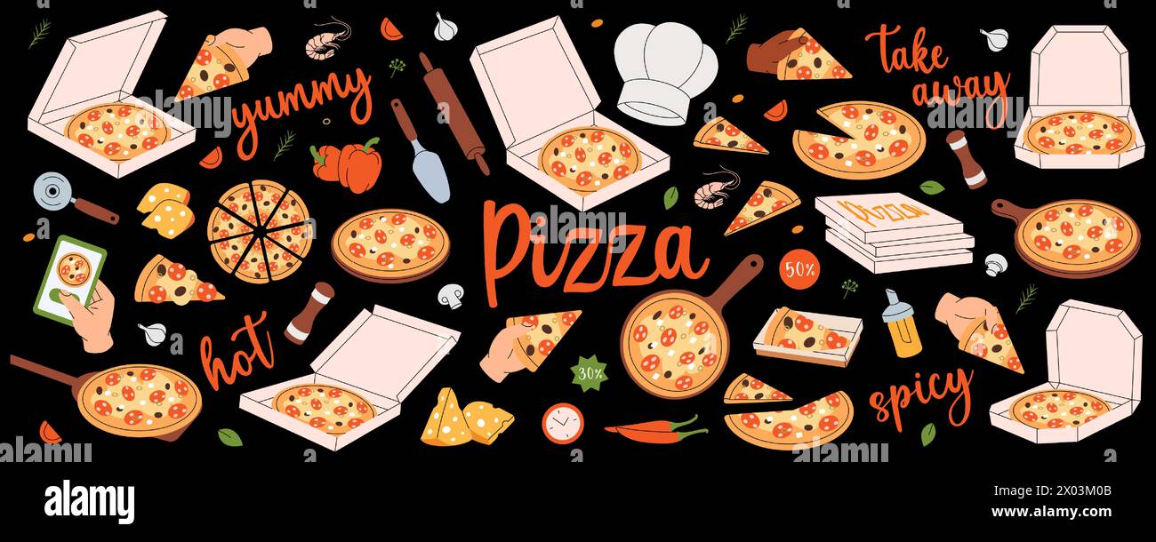 Fresh pizza set. Traditional italian fast food. Restaurant cafe menu ...