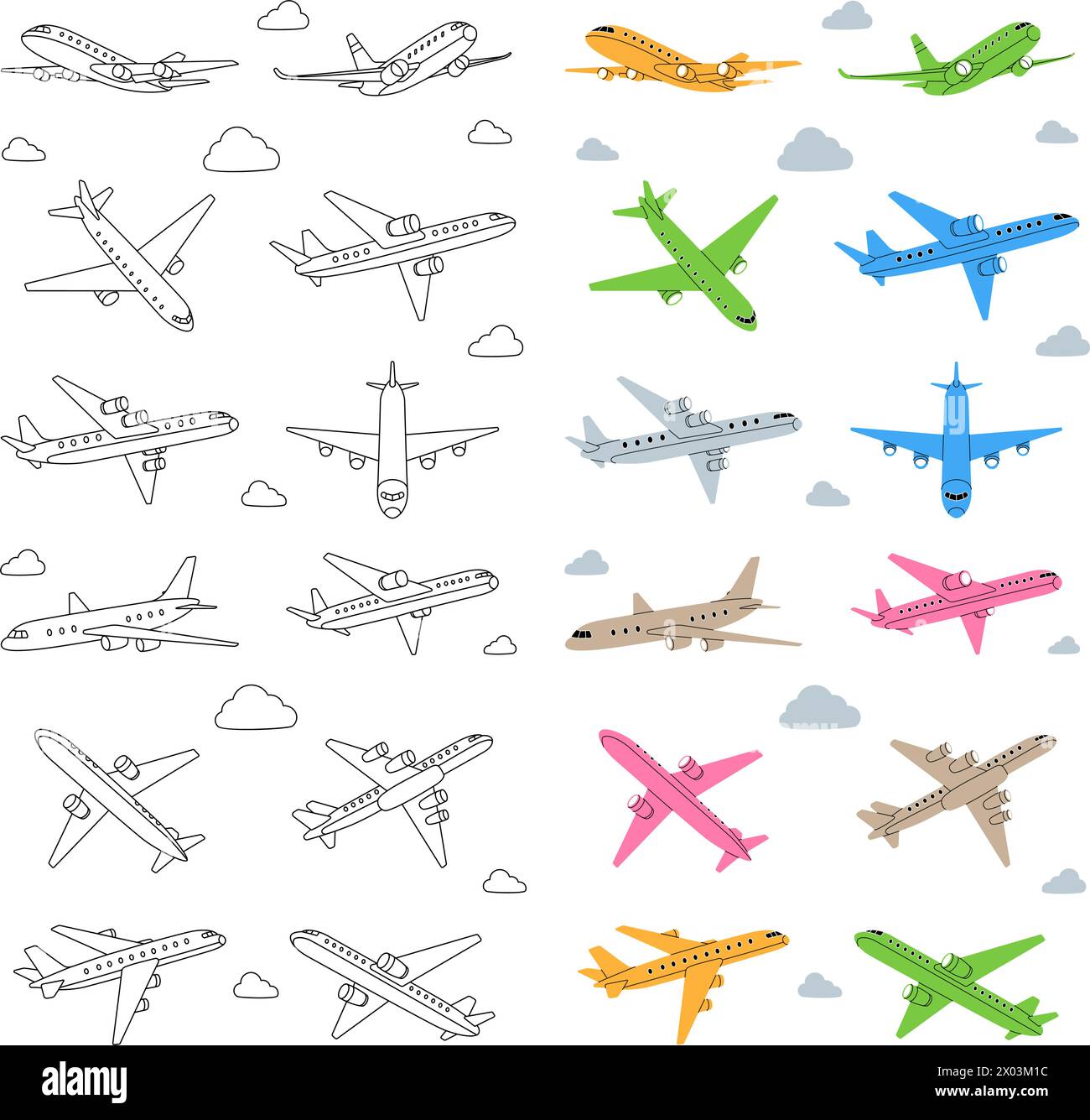 Set of airplanes. Air transport. Air flight symbol. Passenger airplanes ...