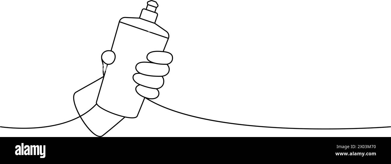 Hand with anti-bacterial spray one line continuous drawing. Cleaning ...