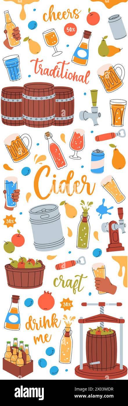 Fruit cider set. Wooden barrels, cans, glasses, mugs, metal keg, bottle ...