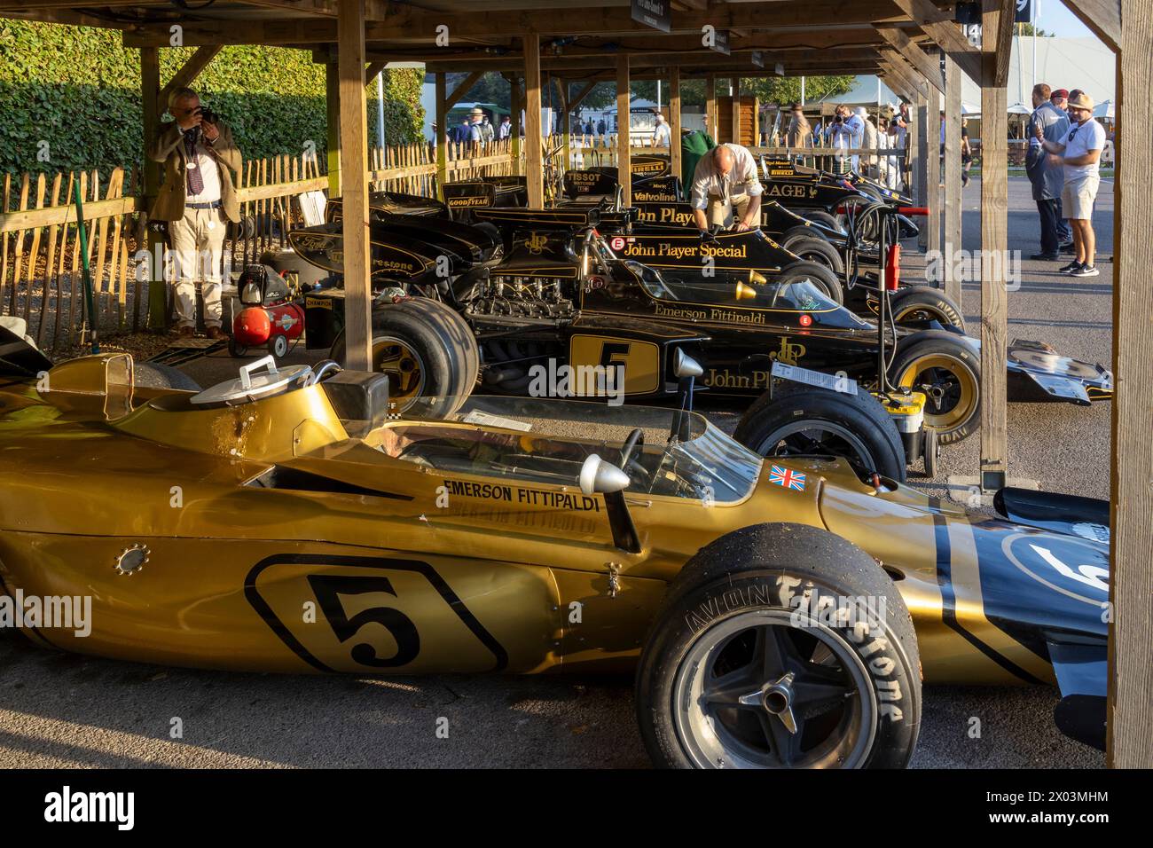 The Lotus garages at the 2023 Goodwood Revival, Sussex, UK. Celebrating ...