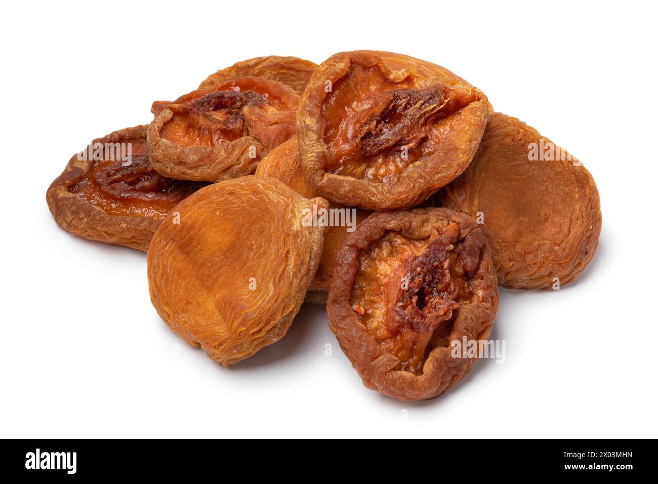 Heap of dried peach fruit close up isolated on white background Stock ...