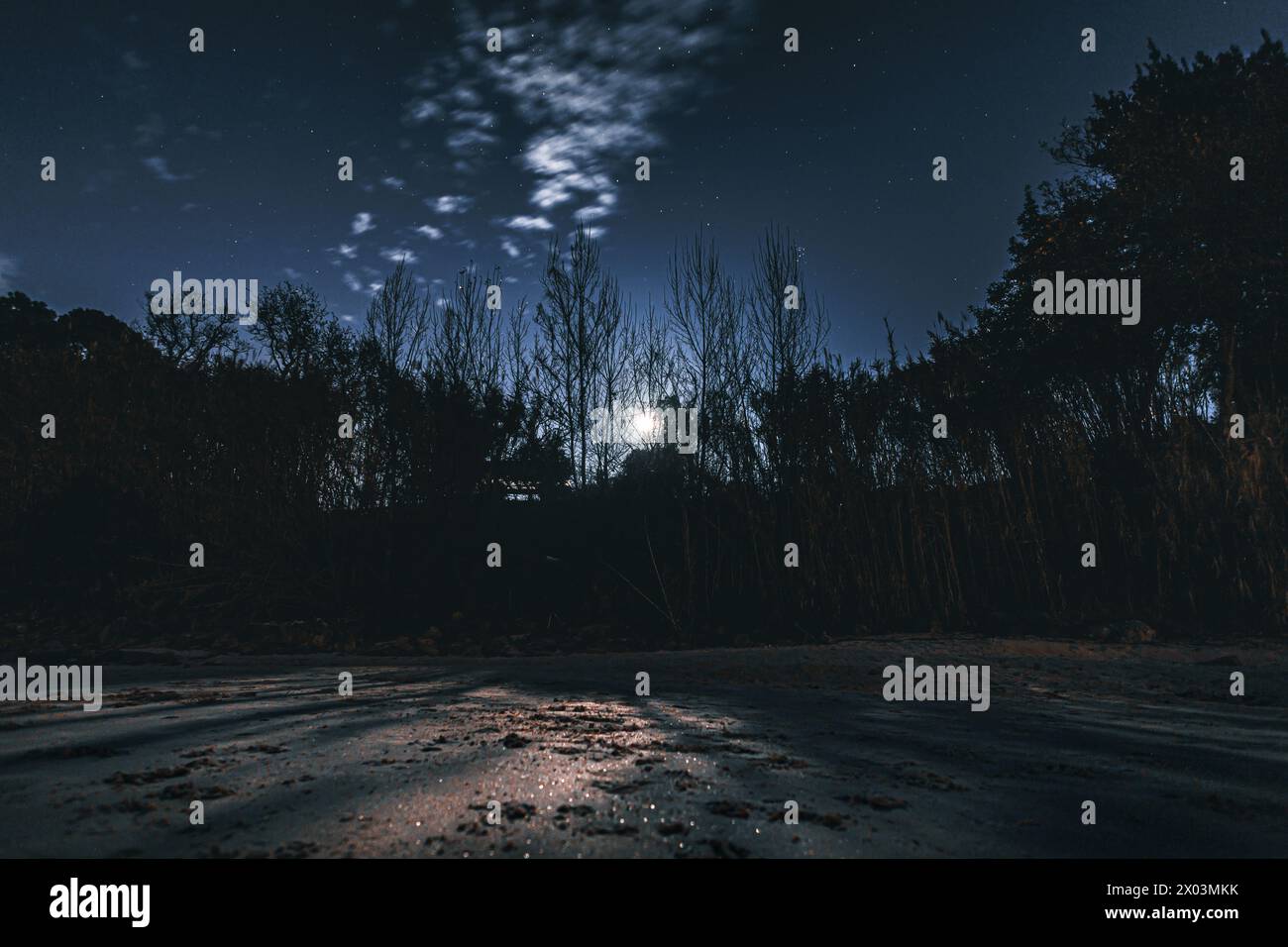 Moonlight reflected on the sand of Aguete beach in Marin, Pontevedra ...