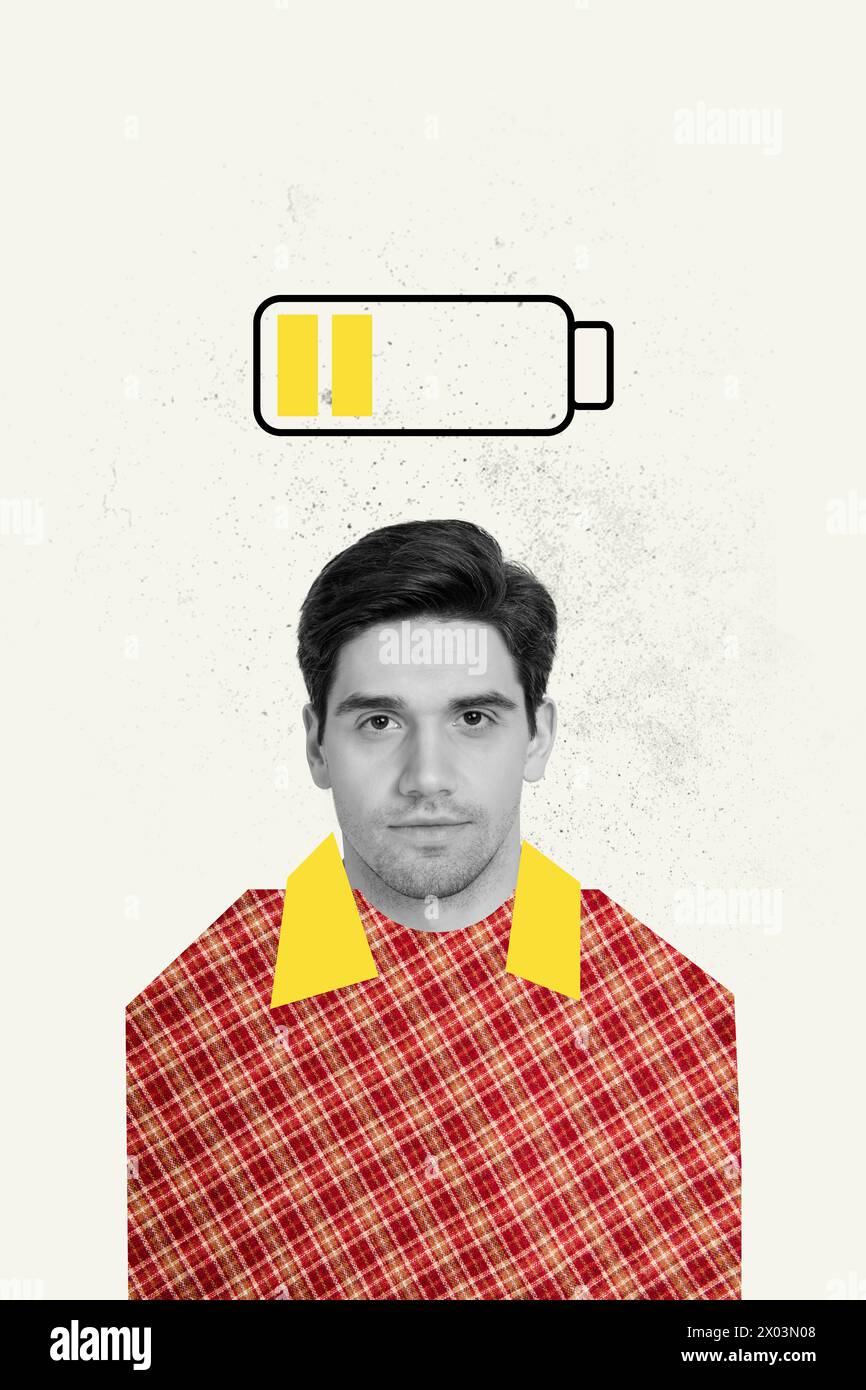 Collage artwork of exhausted overworked man with low energy and ...