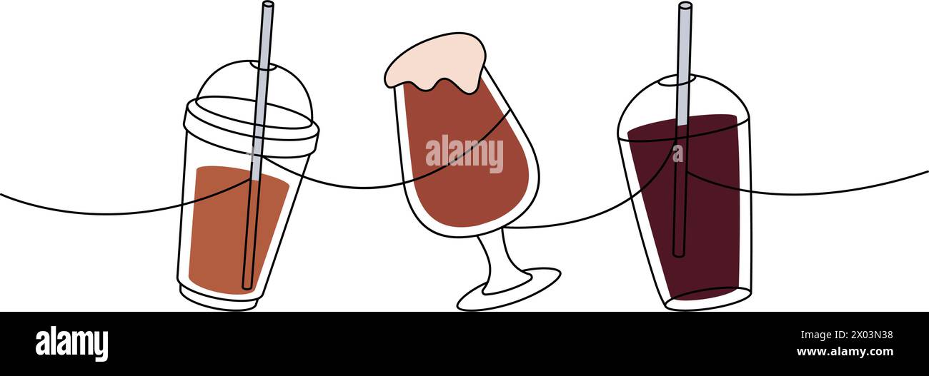 Takeaway coffee cups one line colored continuous drawing. Hand drawn ...