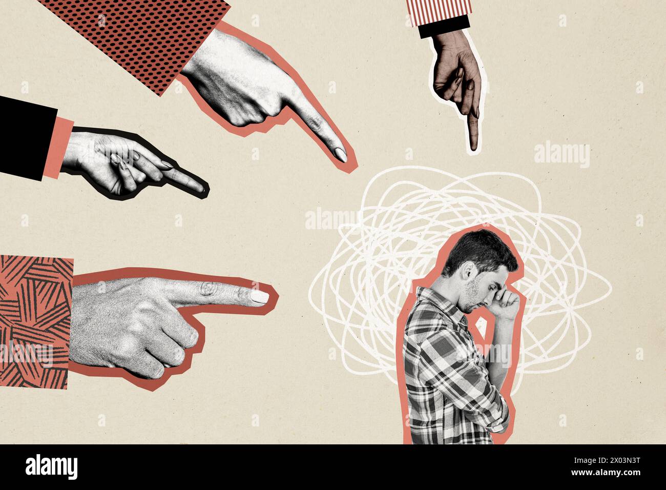 Composite photo collage of upset man stand out hand point index gesture ...