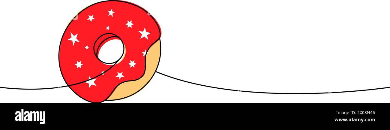 Donut with icing one line colored continuous drawing. Bakery sweet ...