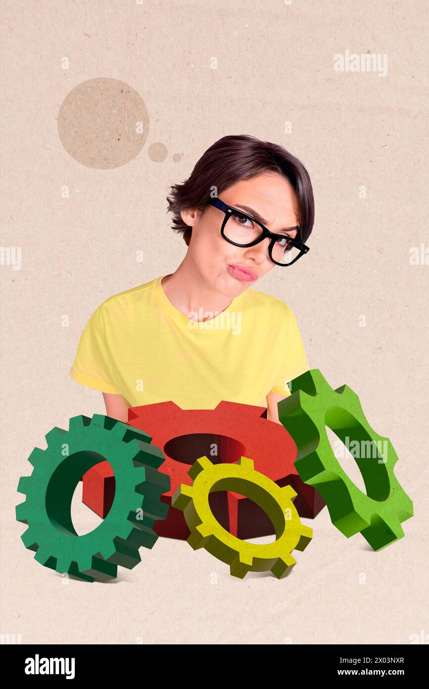 Vertical photo collage of serious puzzled business girl pile gears ...
