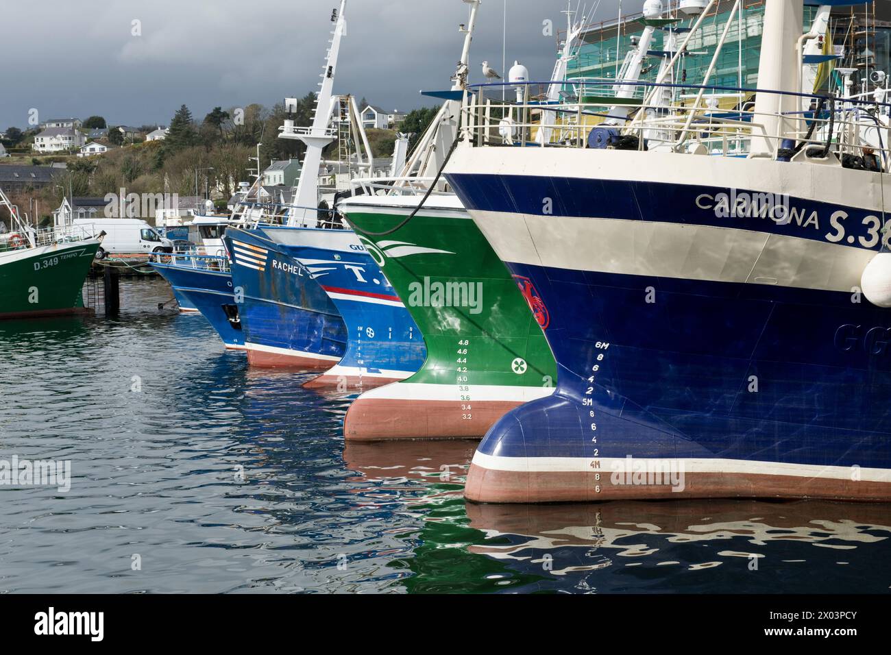 Line of fishing trawlers moored in harbour of Killybegs, County Donegal ...