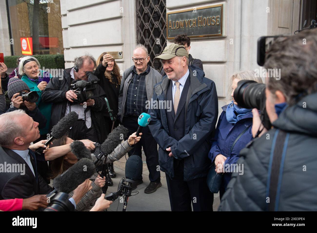 London, UK. 09 Apr 2024. Former Sub-Postmaster Alan Bates speaks to ...
