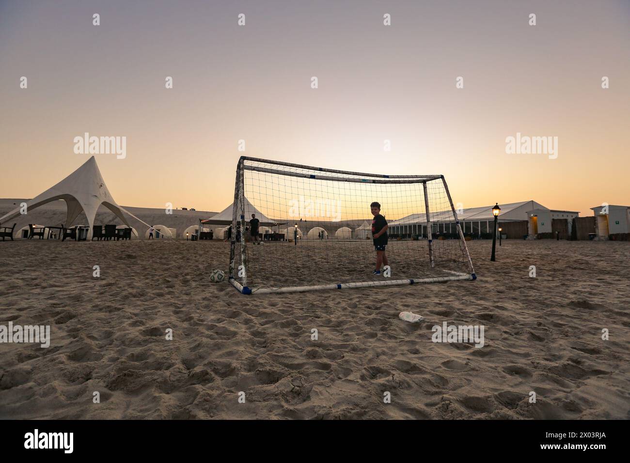 The Soccer Stadium and Goalpost on the desert camp sealine Qatar ...
