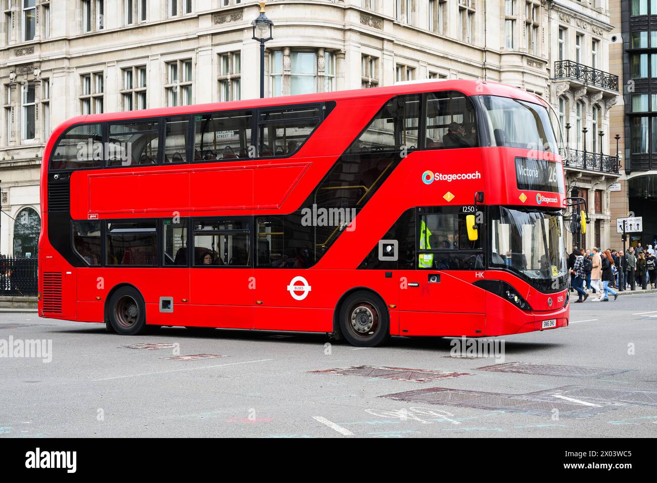 London, UK - March 25, 2024; Red London bus operated by Stagecoach an ...