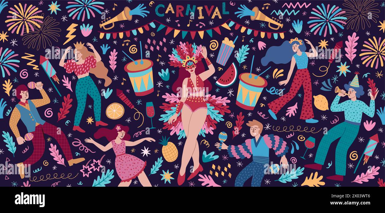 Carnival people. Brazil music street art party, girls and boys in ...