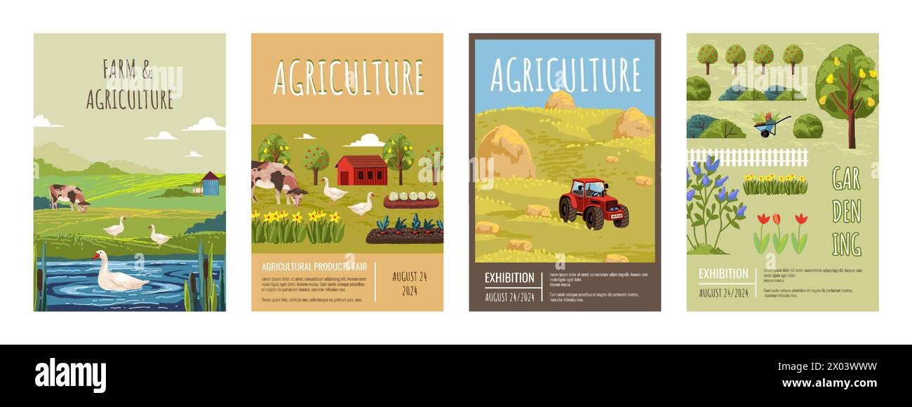 Farm patterns. Agriculture village field landscape, country with garden ...