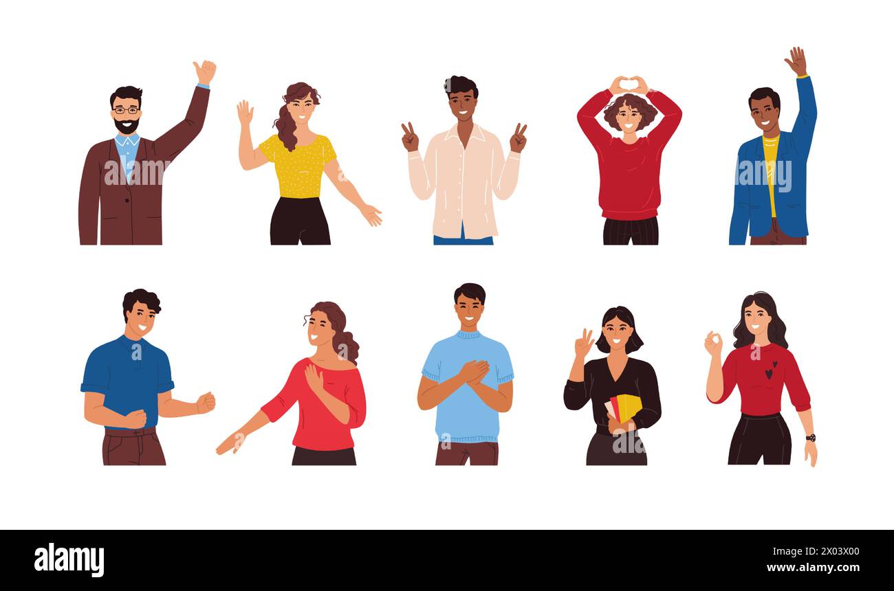 Happy persons. Man people thumb up, woman student smile and waving hands, positive character ...