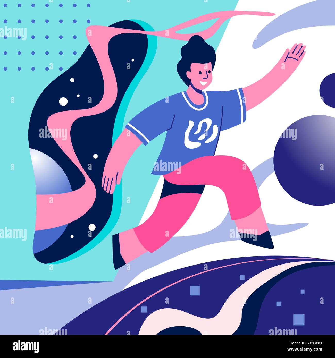 Flying people. Jumping girl. Bouncing guy. Abstract space. Geometric ...