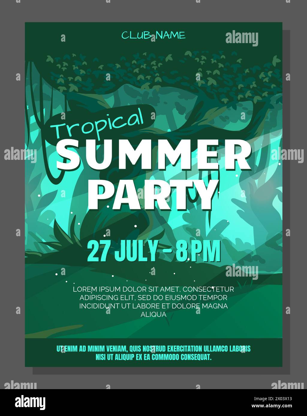 Summer jungle party. Tropical forest. Holiday event poster. Tree trunks ...