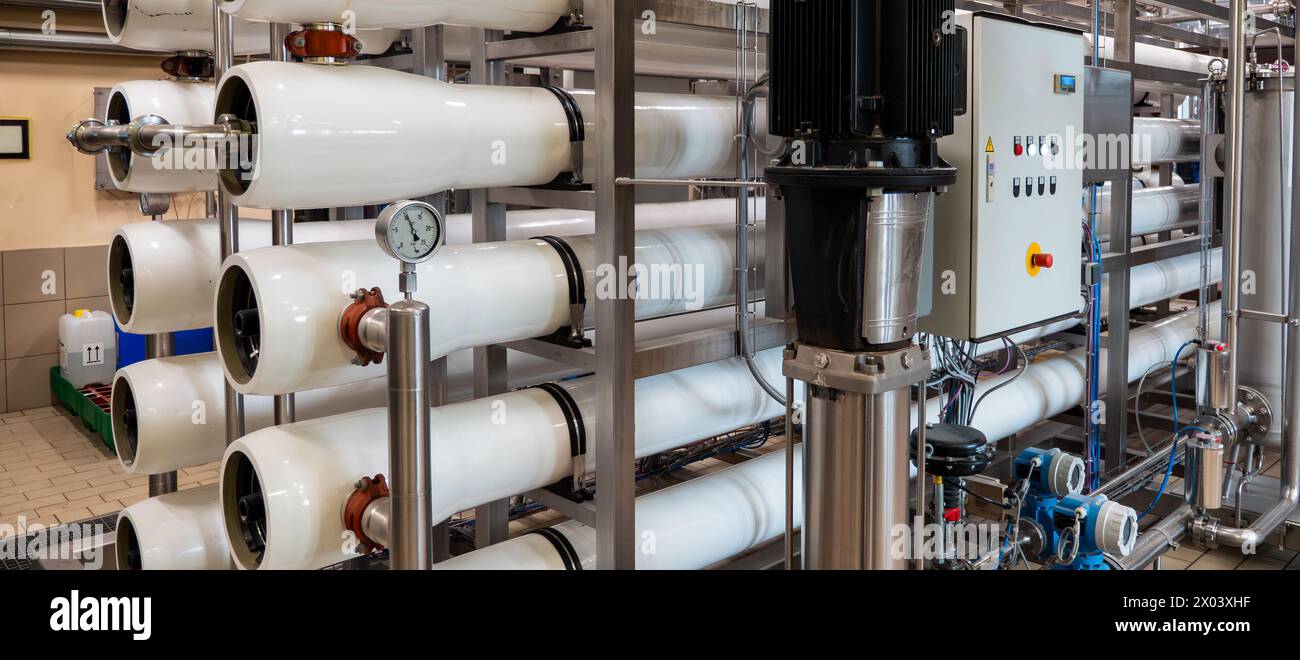 Array of reverse osmosis membranes in modern water treatment plant ...