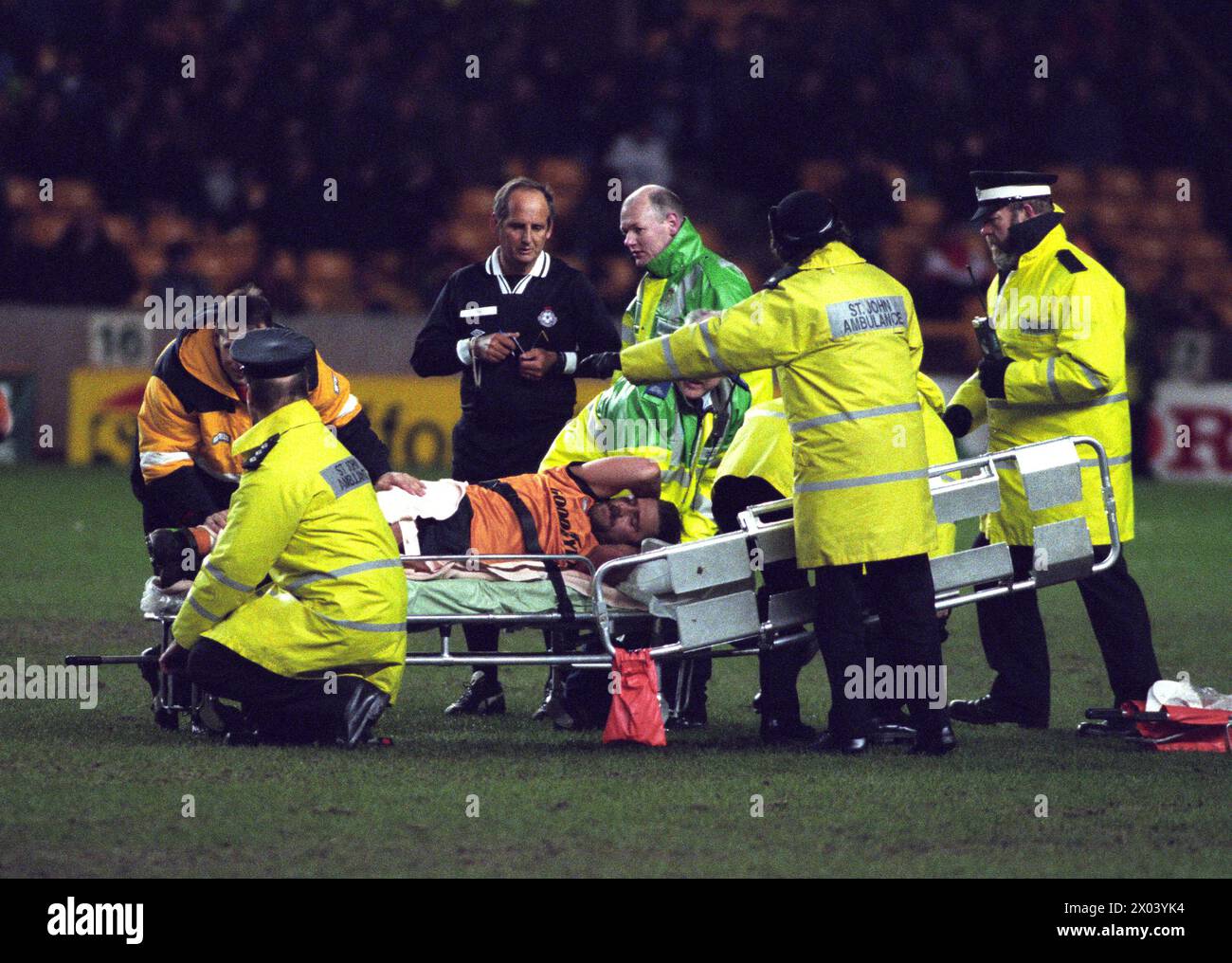 Wolverhampton Wanderers v Sunderland at Molineux 8/3/95 1-0 John de Wolf is stretchered off with ...