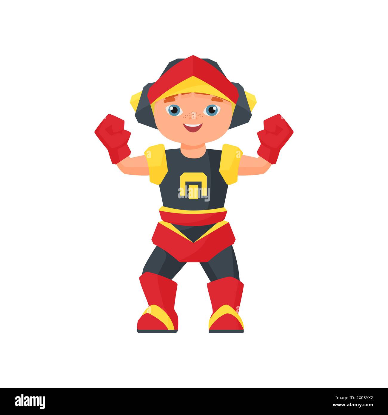 Cute boy in carnival superhero costume standing in confident pose of ...