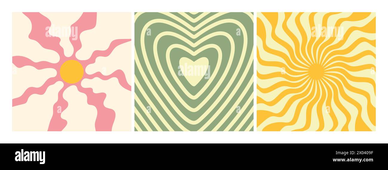 Groovy retro backgrounds. Sun with rays, heart and flower. Hippie 60s ...