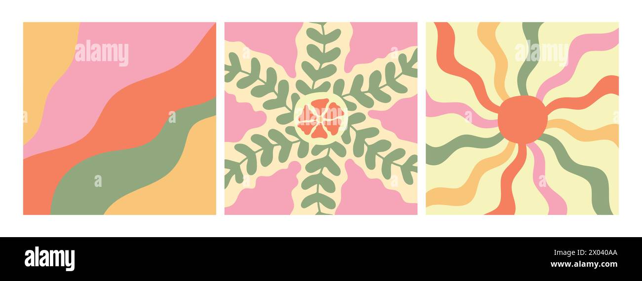 Groovy retro backgrounds. Sun with rays, flower and waves. Hippie 60s ...