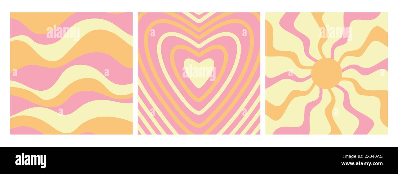 Groovy retro backgrounds. Sun with rays, heart and waves. Hippie 60s ...