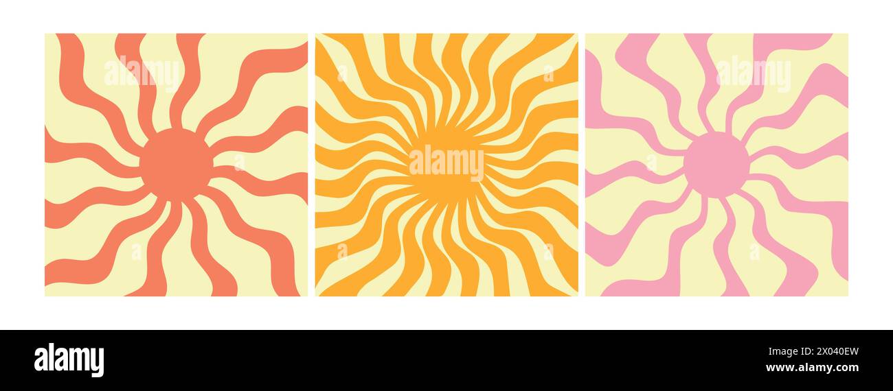 Groovy retro sunburst set. Groovy sun with twisted and distorted rays ...