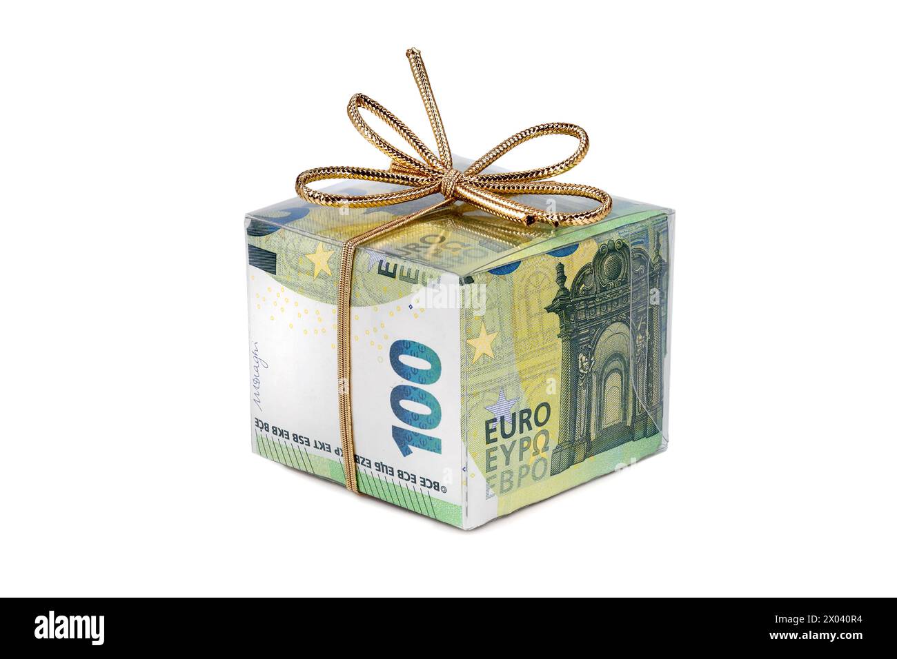 100 euro banknotes wrapped as a gift with golden cord isolated on white ...