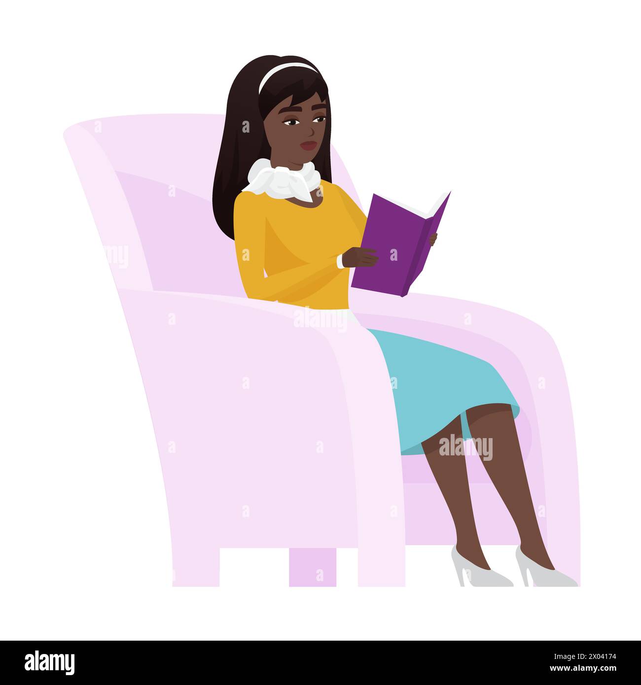 Woman sitting in armchair to read open paper book, teacher reading ...