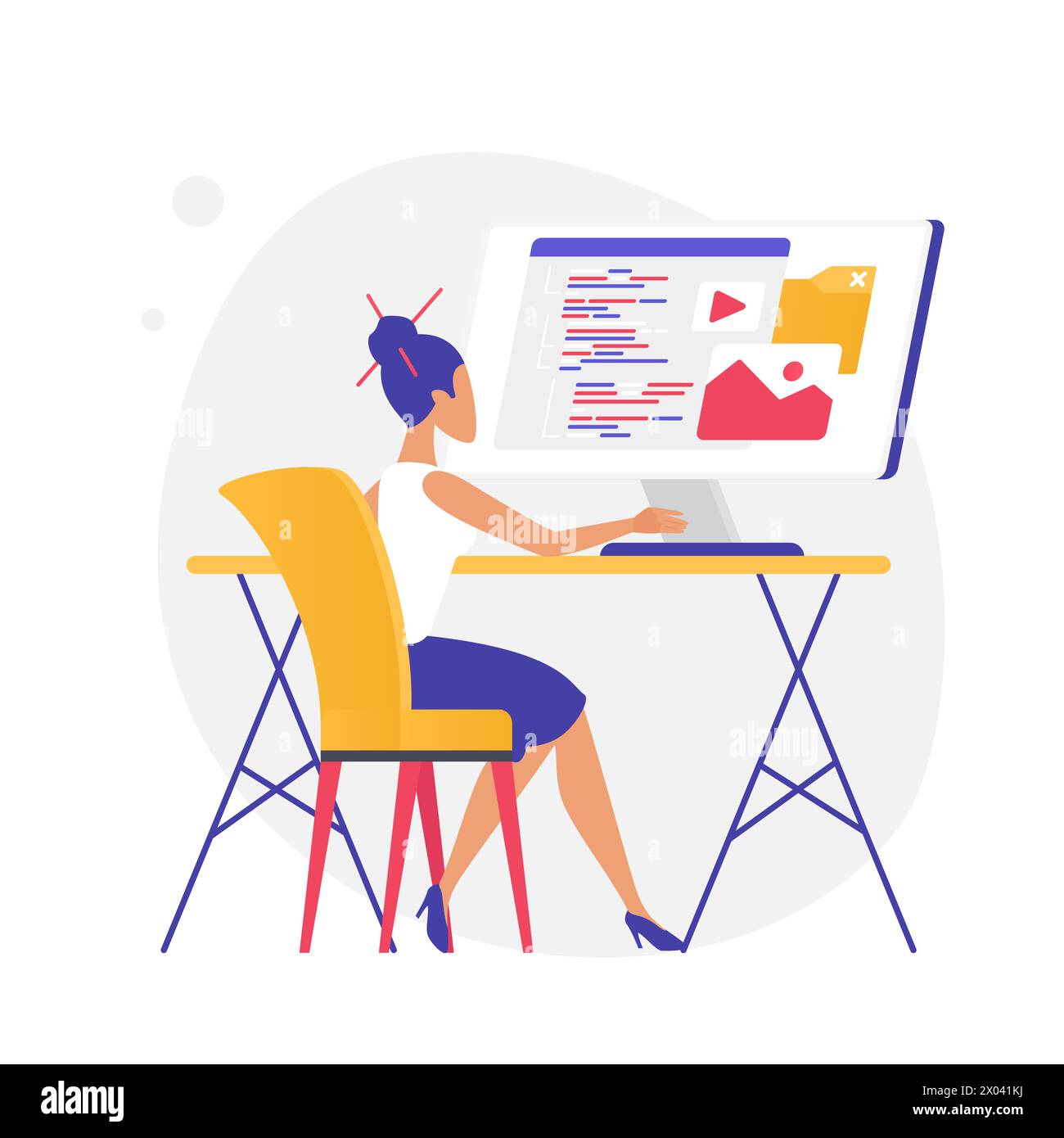 Digital video content development, woman sitting at computer desk to ...