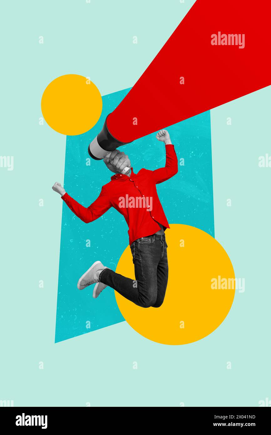 Collage vertical image of funky unknown weird guy announcing special ...