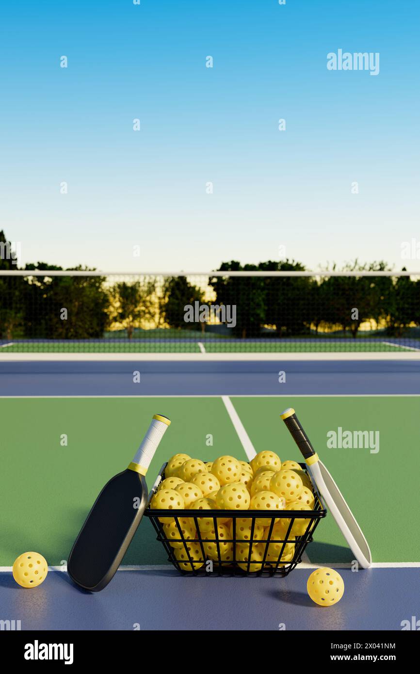 Pickleball rackets and balls in a basket on a sports field. Trees in ...