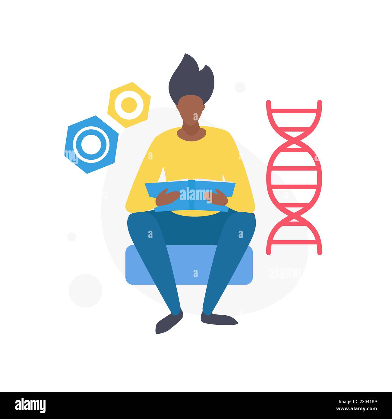 Self education, man sitting to read open book, study scientific ...