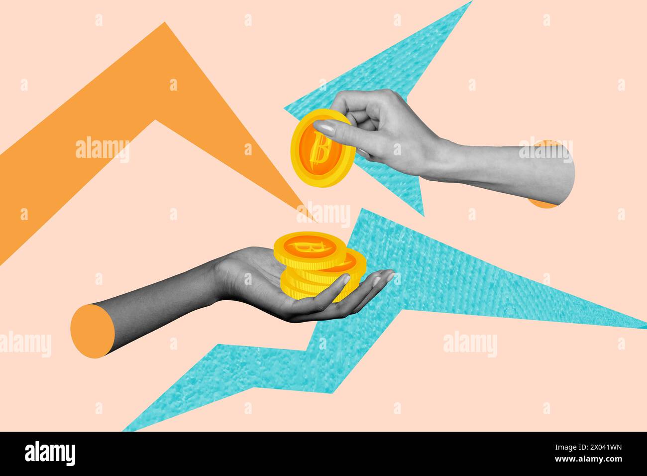 Creative picture collage human hands hold golden coins tokens wealthy ...