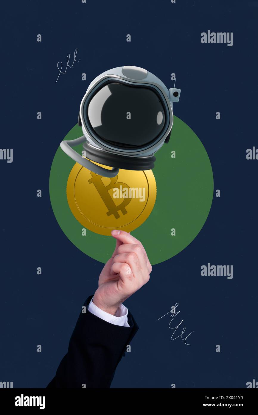 Vertical creative collage picture human hand hold bitcoin token ...