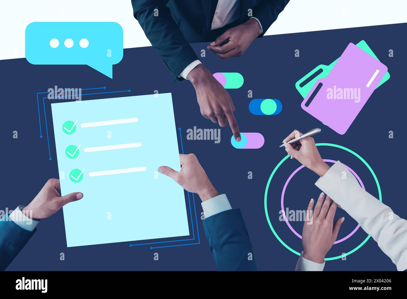 Creative collage human hands businesspeople tast list completed tick ...