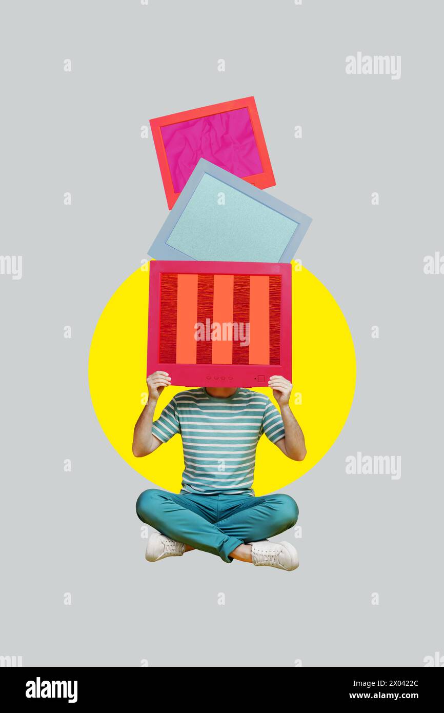 Vertical collage sitting person headless human tv set monitor pc screen ...
