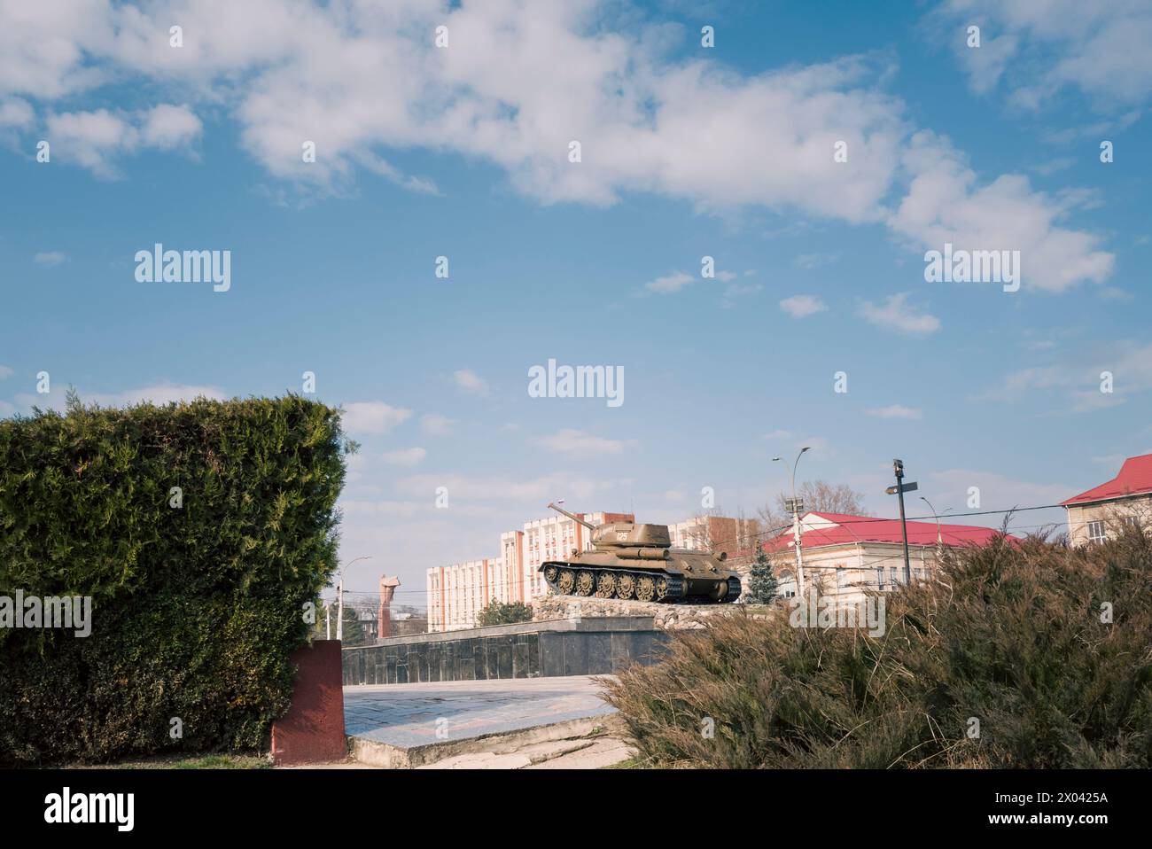 On the commemorative esplanade, the tank monument. Tiraspol, a city in ...