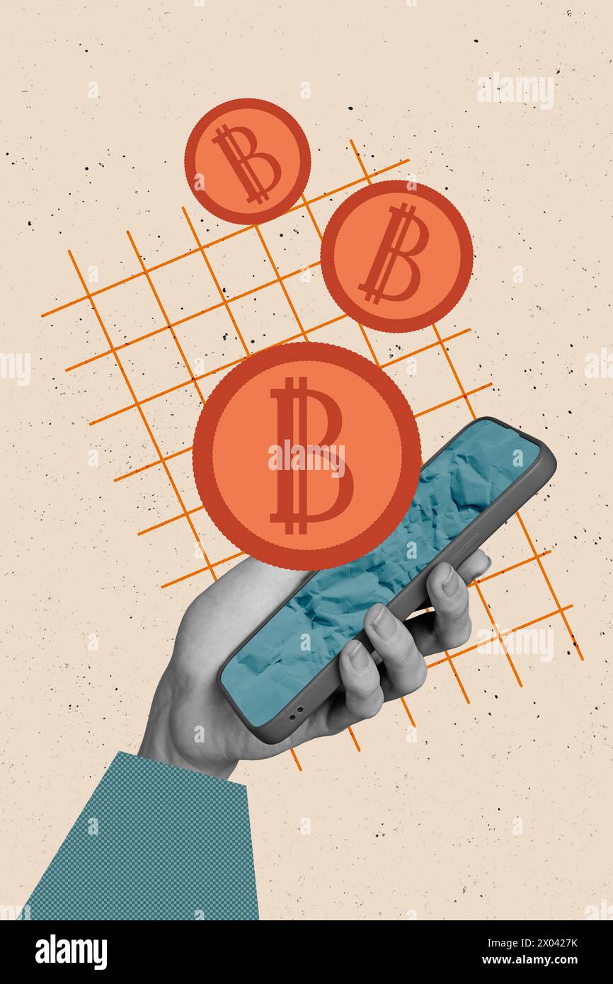 Vertical creative photo collage human hand hold smartphone online ...