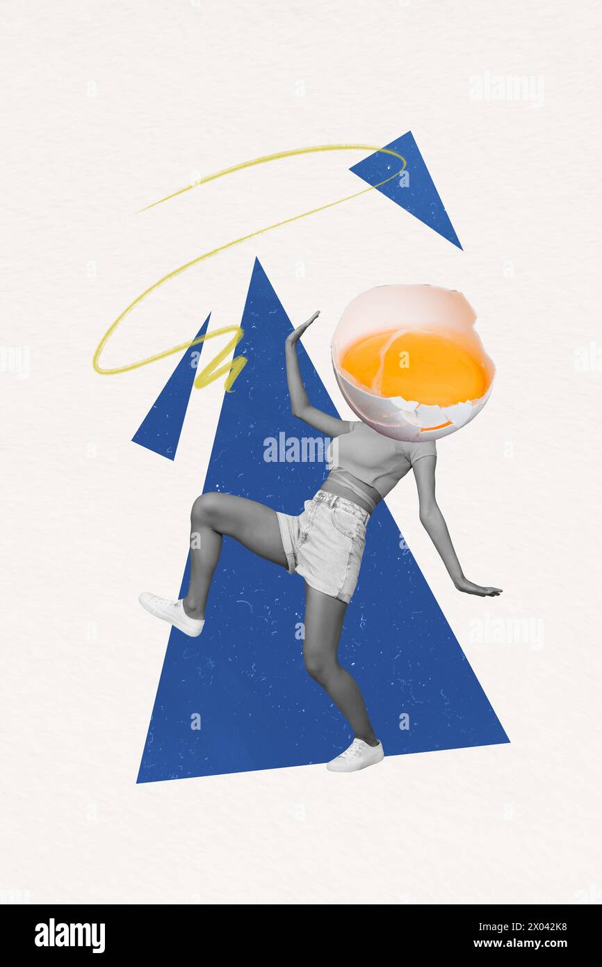 Vertical image collage of young girl instead head broken egg yolk ...