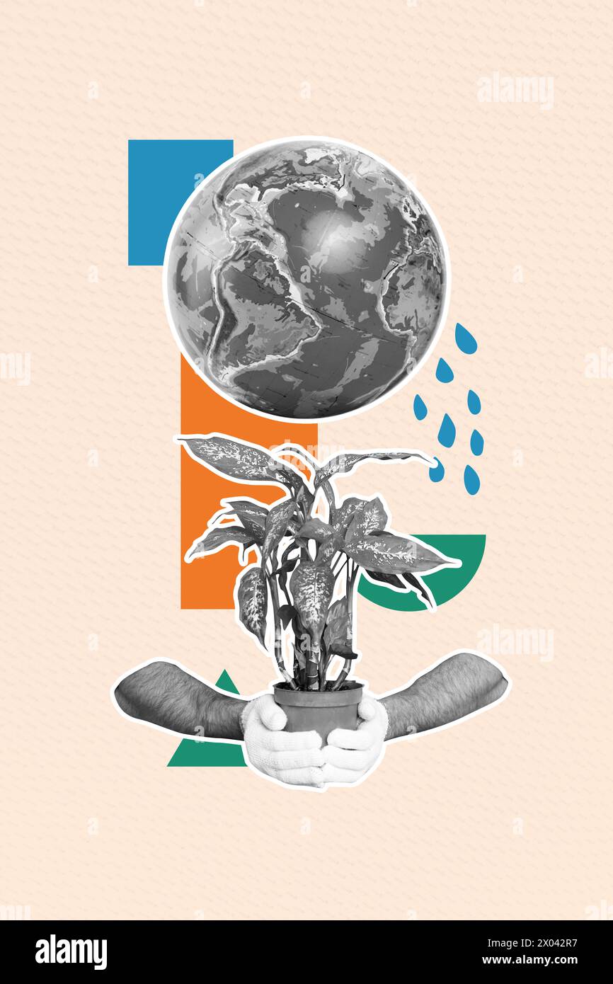 Vertical image collage of earth problem global warming flower pot plant ...